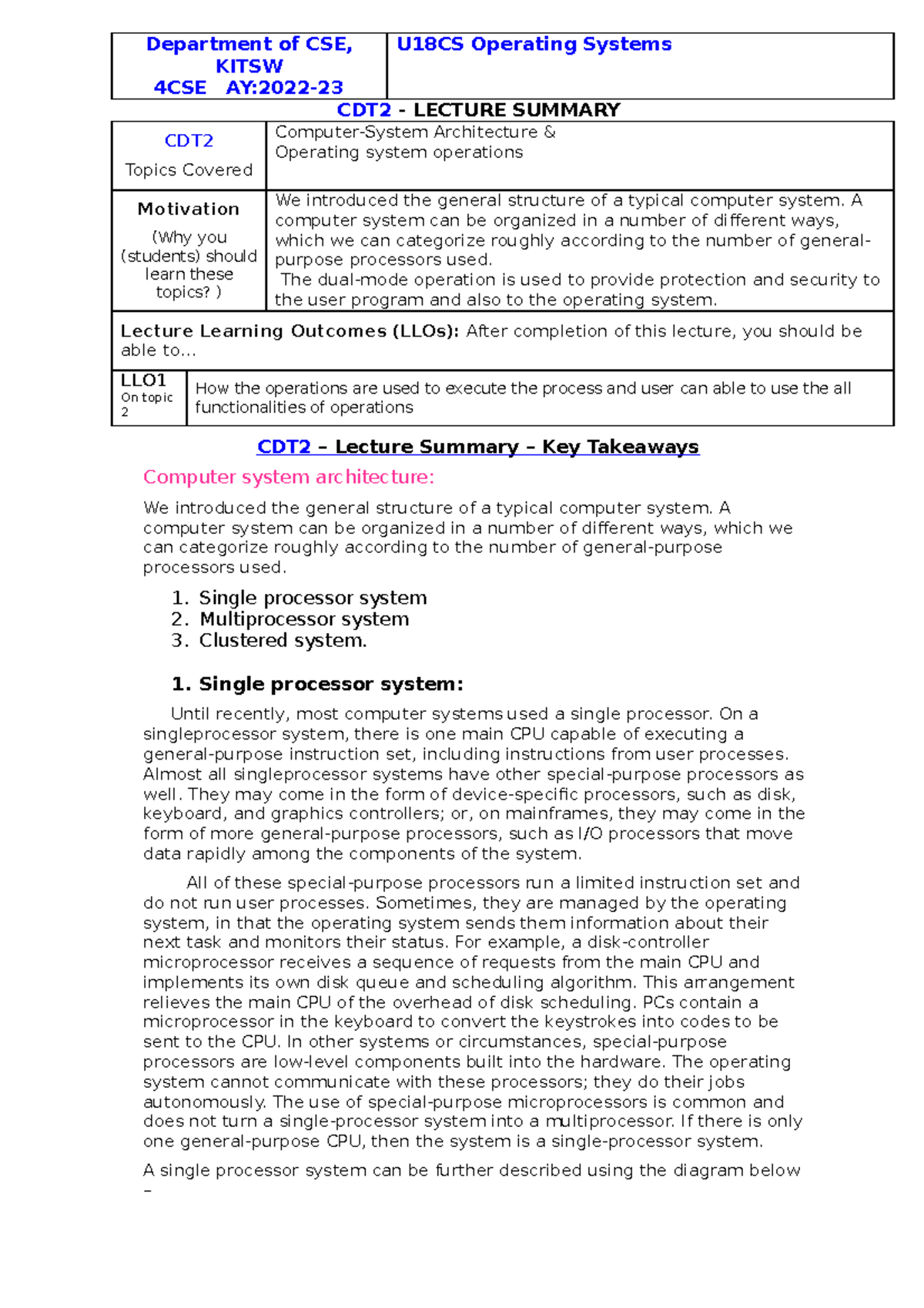 CDT2 - Ghsgsgsf - KITSW 4CSE AY:2022- CDT2 - LECTURE SUMMARY CDT Topics Covered Computer-System ...