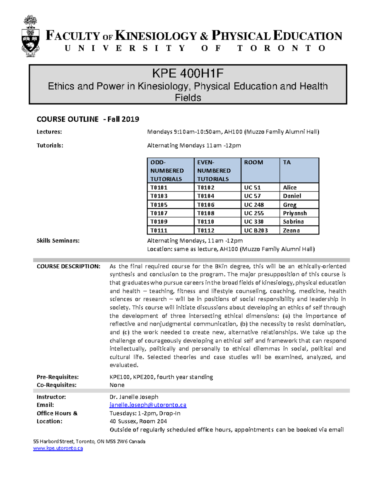 KPE 400 syllabus - updated 11 Sept2019 - 55 Harbord Street, Toronto, ON ...