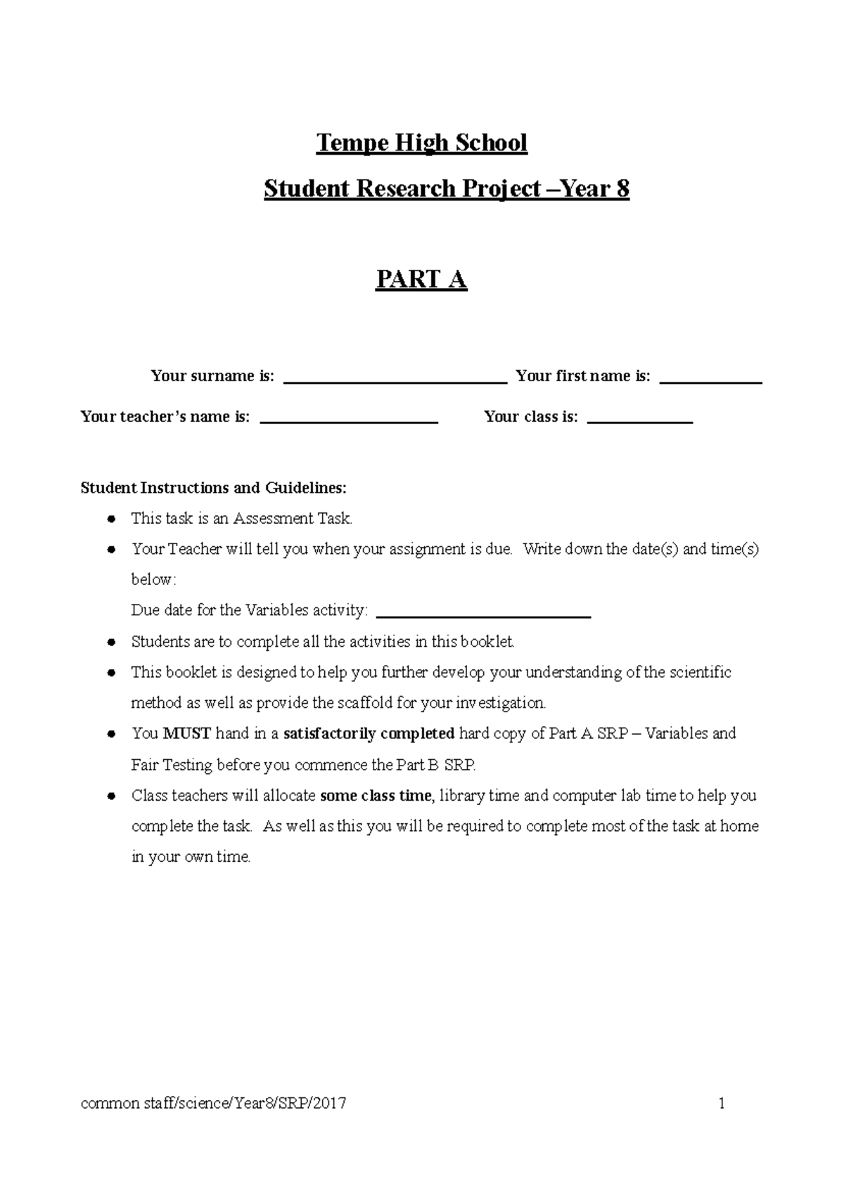 Year 8 Science Student Research Project - Tempe High School Student ...