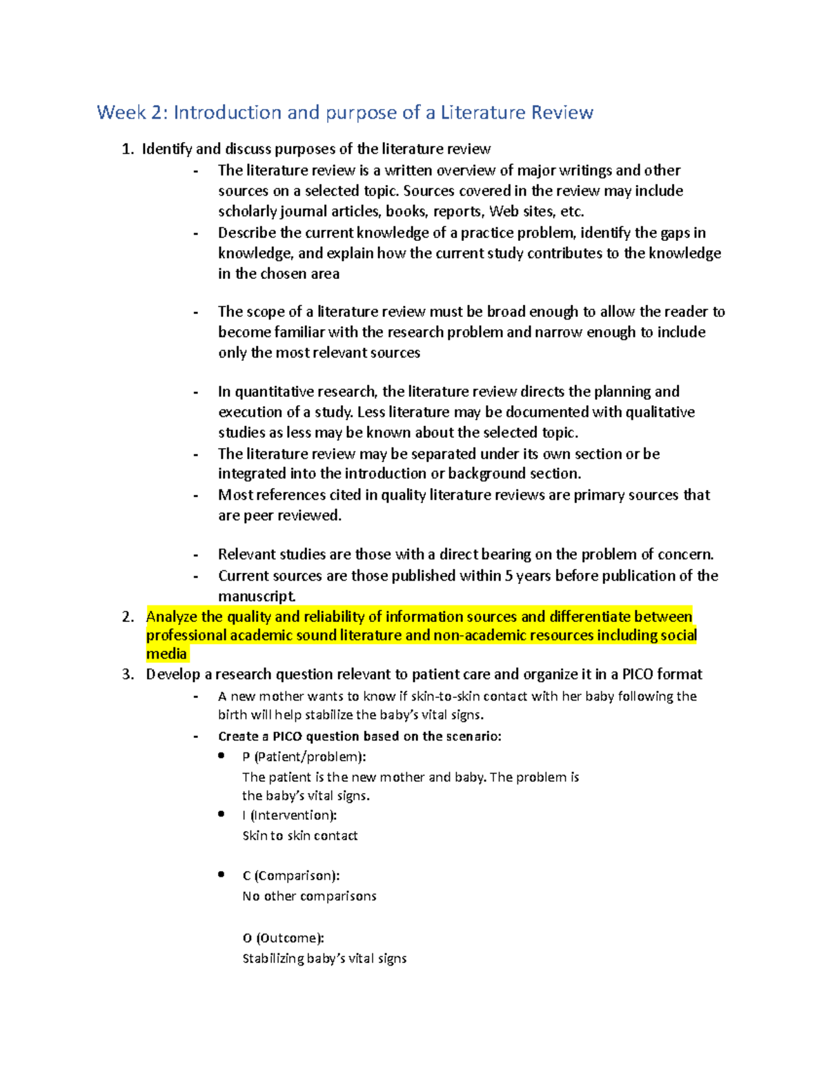 Week 2 - Notes - Week 2: Introduction and purpose of a Literature ...