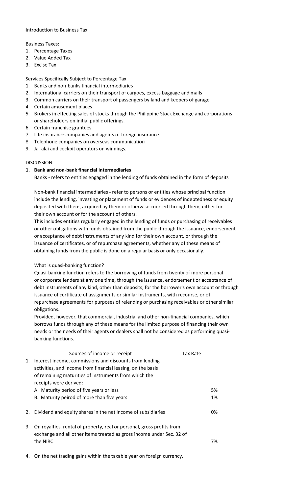 Compressed notes on percentage tax - Introduction to Business Tax ...