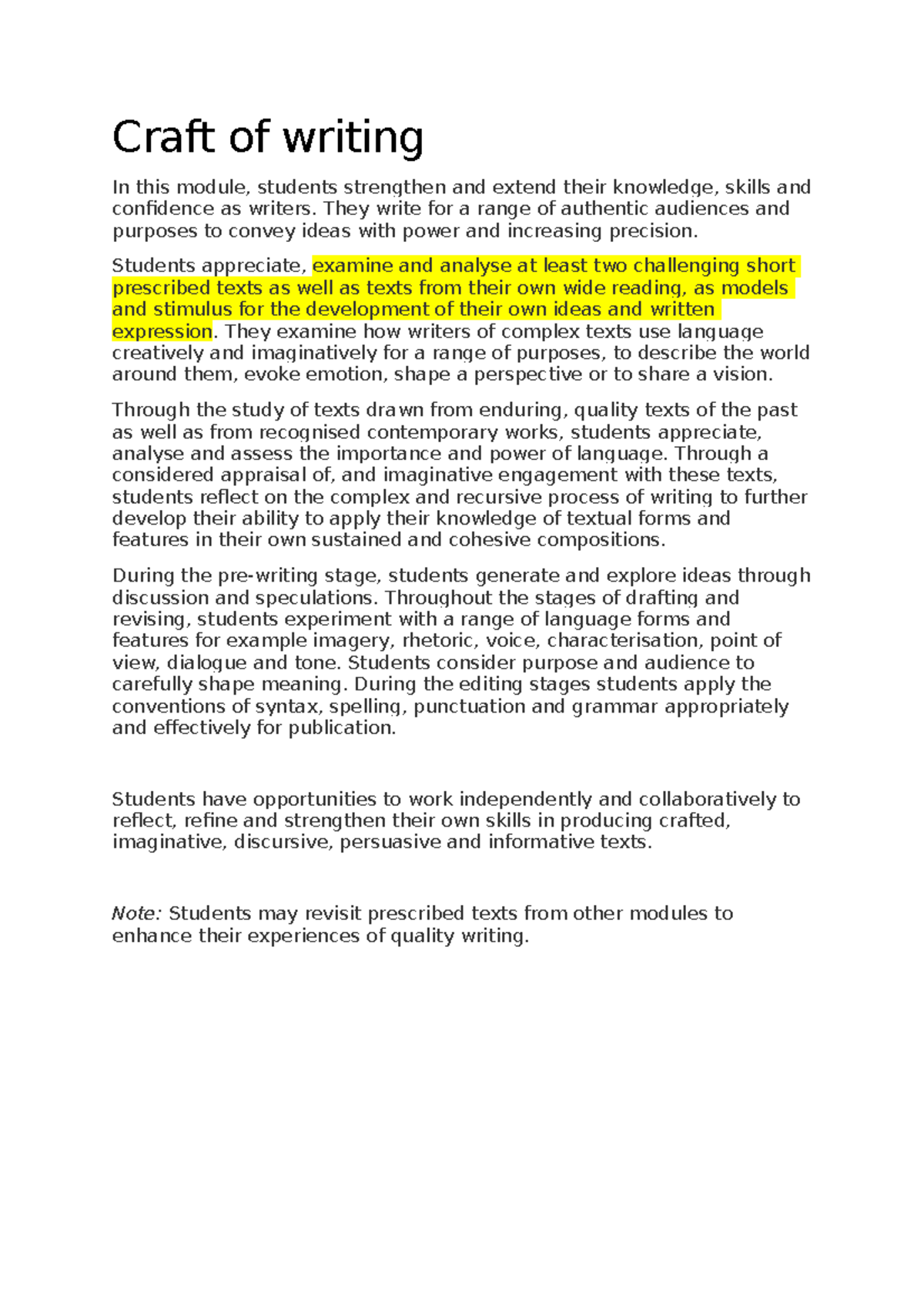 English syllabus from hsc - Craft of writing In this module, students ...