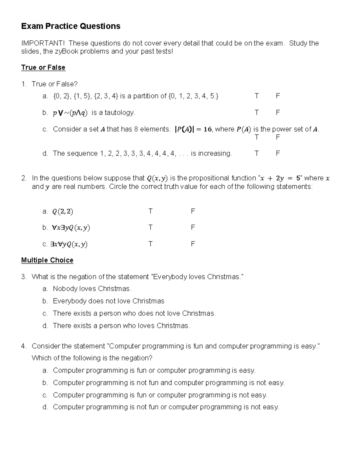 Exam Practice Questions - Exam Practice Questions IMPORTANT! These ...