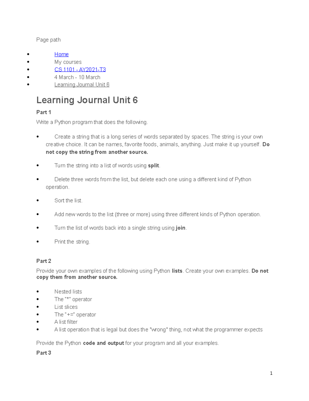 Cs 1101 Learning Journal Unit 6 Page Path Home My Courses Cs 1101 Ay2021 T 4 March 10