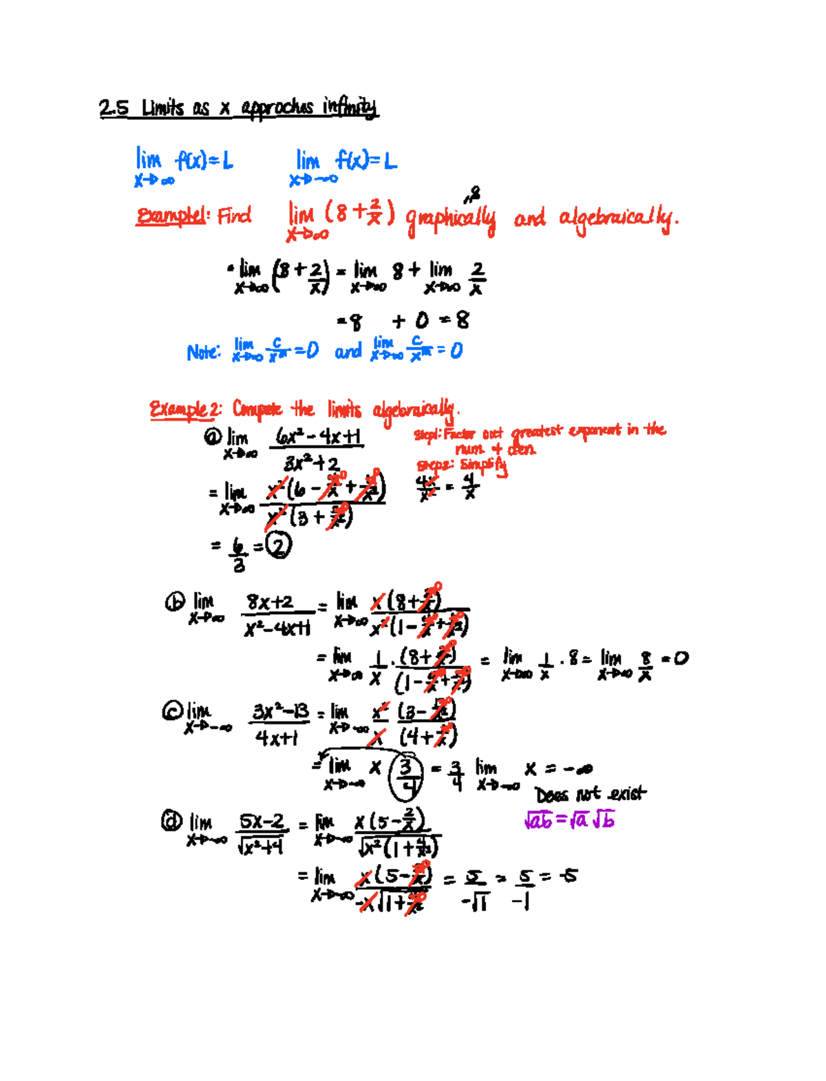 Section 2.5 Notes - For Ms. Walkers Calculus 1 class - 2 Limits as X ...