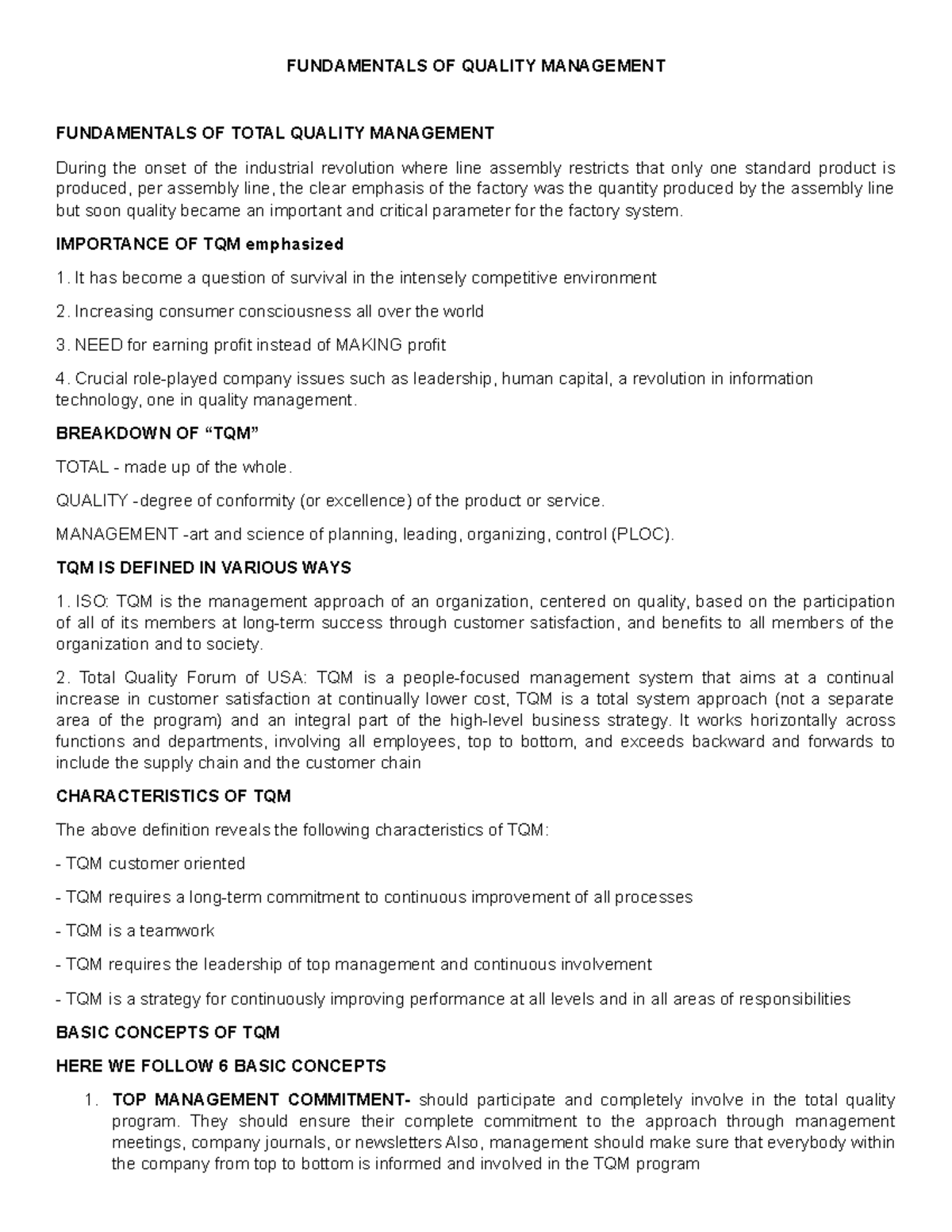 TQM-notes - Keo it up - FUNDAMENTALS OF QUALITY MANAGEMENT FUNDAMENTALS ...