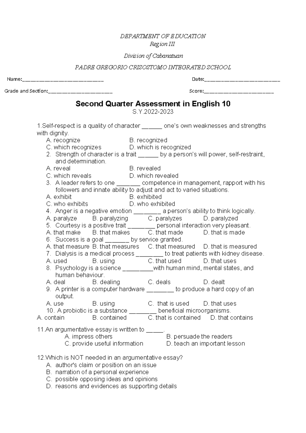 620868593 Second quarter exam in English 10 - Second Quarter Assessment ...