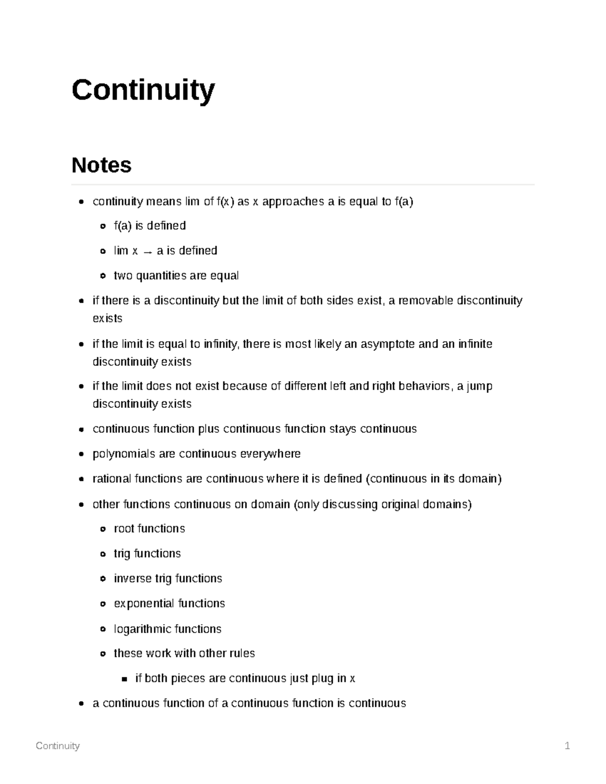 Continuity Summary - Continuity 1 Continuity Notes continuity means lim ...