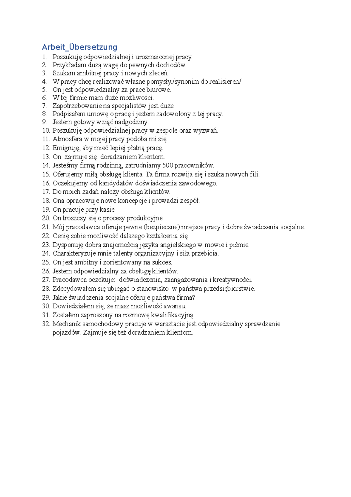 2022 Slownictwo praca - materiał z niemca - Język niemiecki - SGH - Studocu