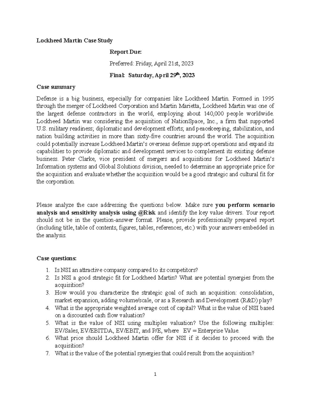Lockheed Martin Case Questions - Lockheed Martin Case Study Report Due: Preferred: Friday, April ...