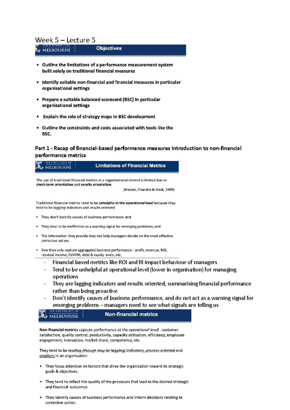 Week 5 - Lecture 5 - Week 5 – Lecture 5 Part 1 - Recap of financial-based performance measures ...
