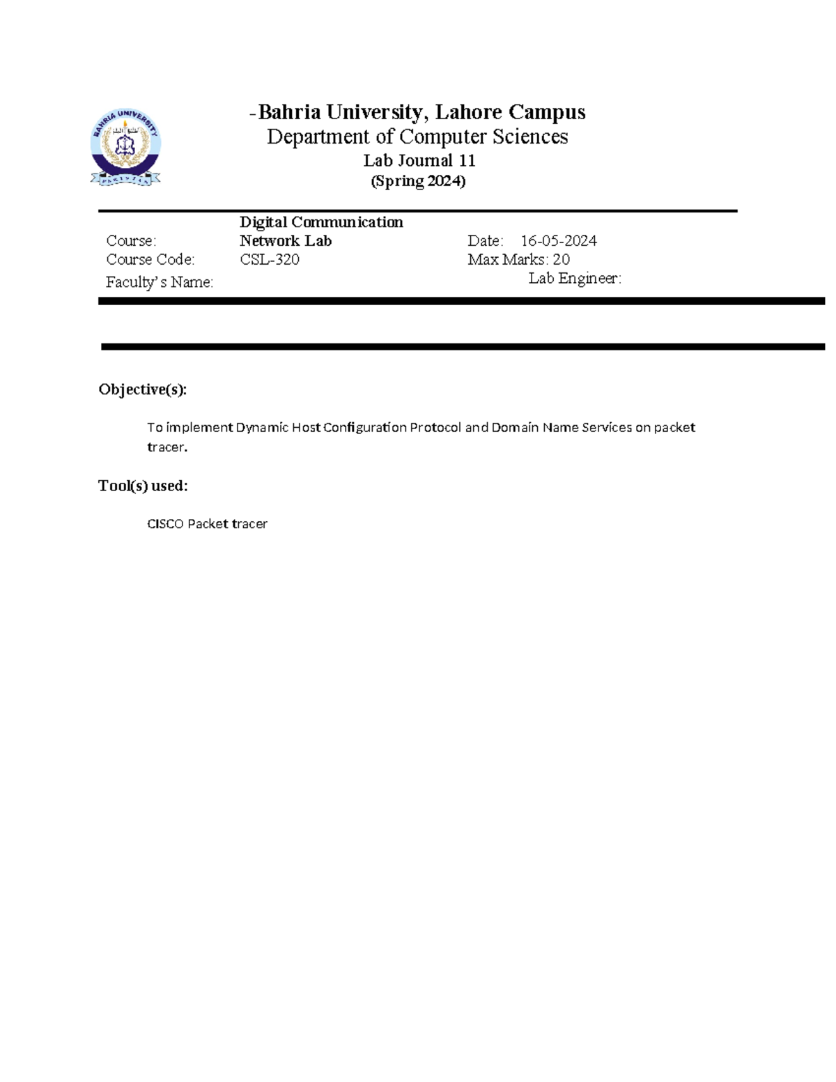 Lab 7 dcn - practical -Bahria University, Lahore Campus Department of ...