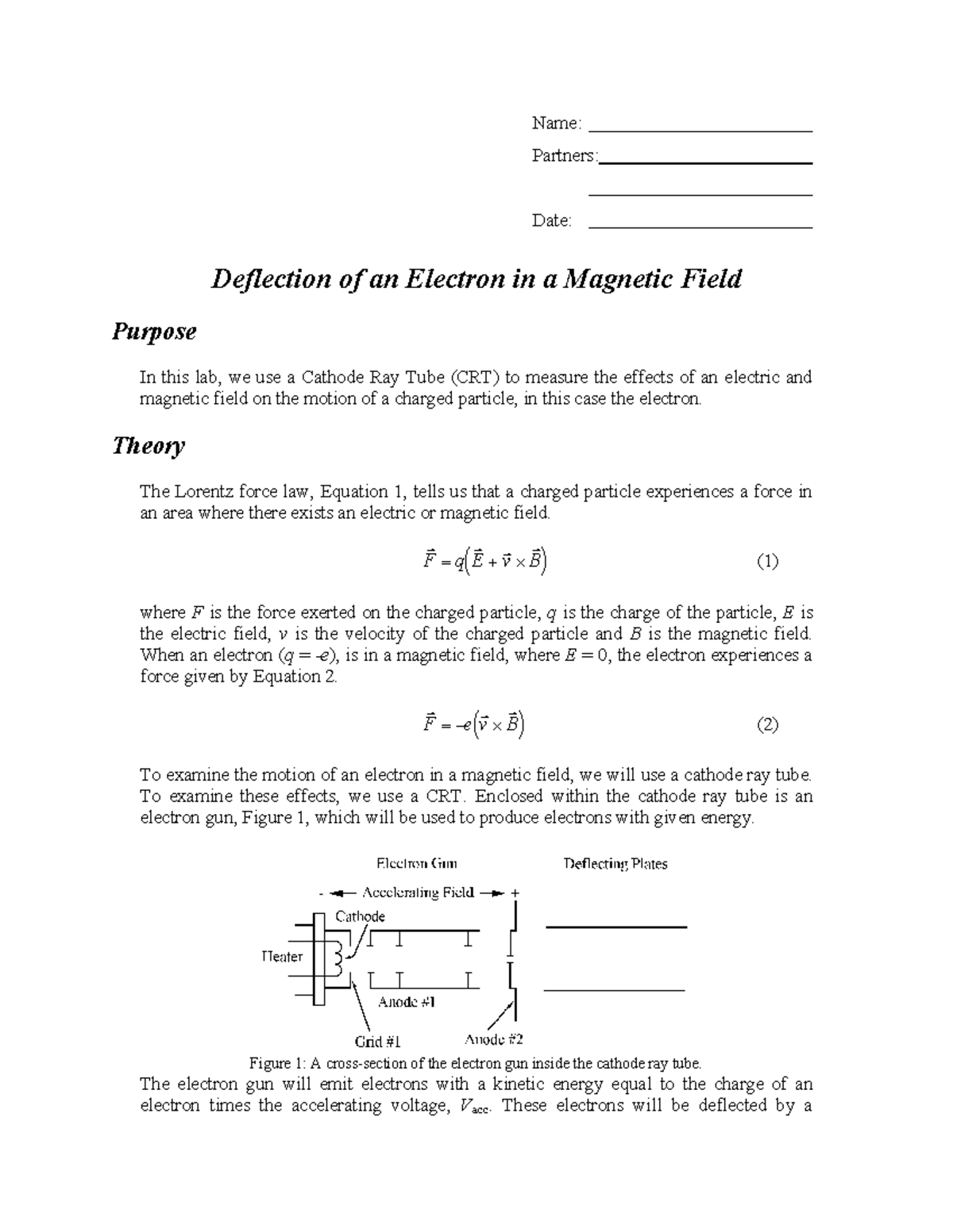 B deflection Lab - Notes on electrical - Name: Partners: Date ...
