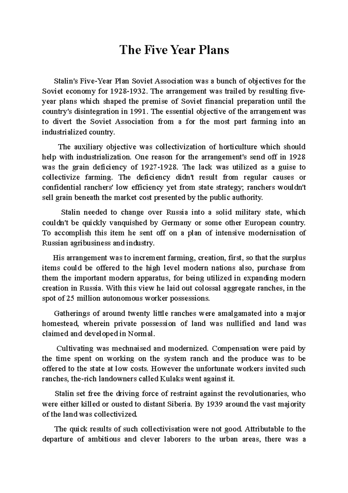 The Five Year Plans - Stalin's Five-Year Plan Soviet Association was a ...