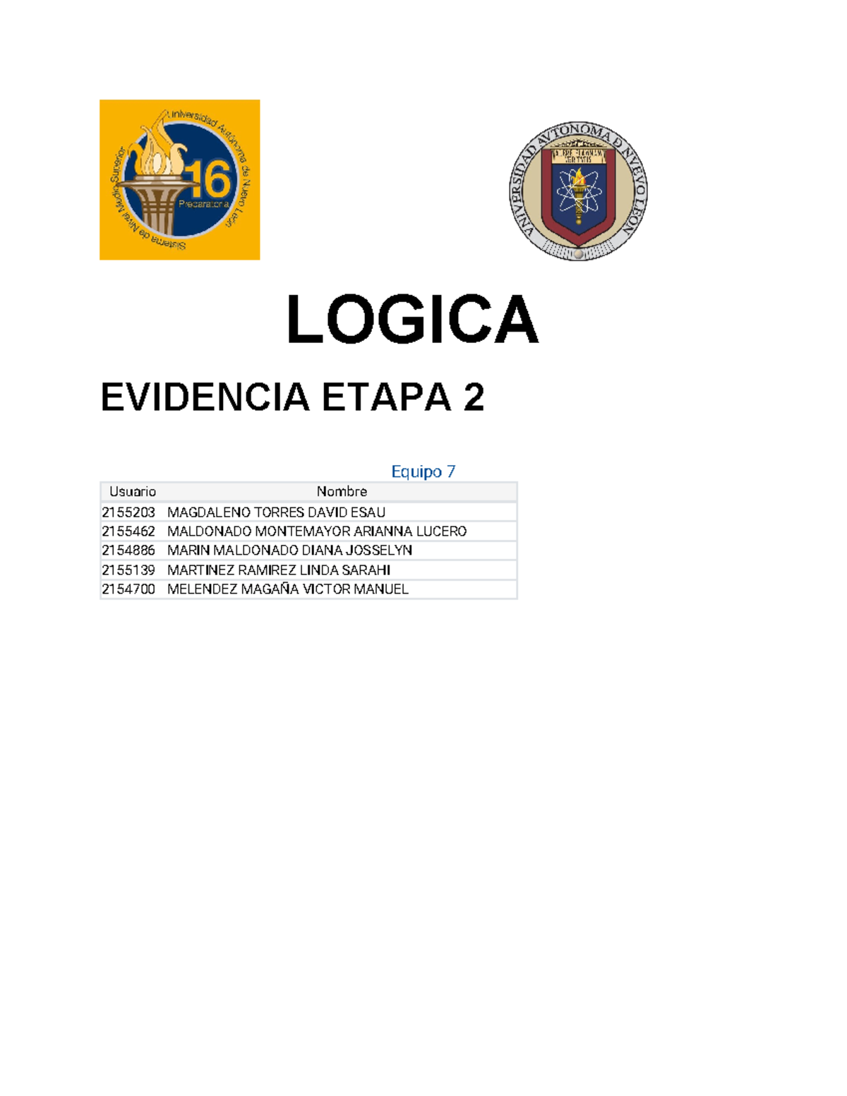 Logica EV2 - LOGICA EVIDENCIA ETAPA 2 Equipo 7 Usuario Nombre 2155203 MAGDALENO TORRES DAVID ...