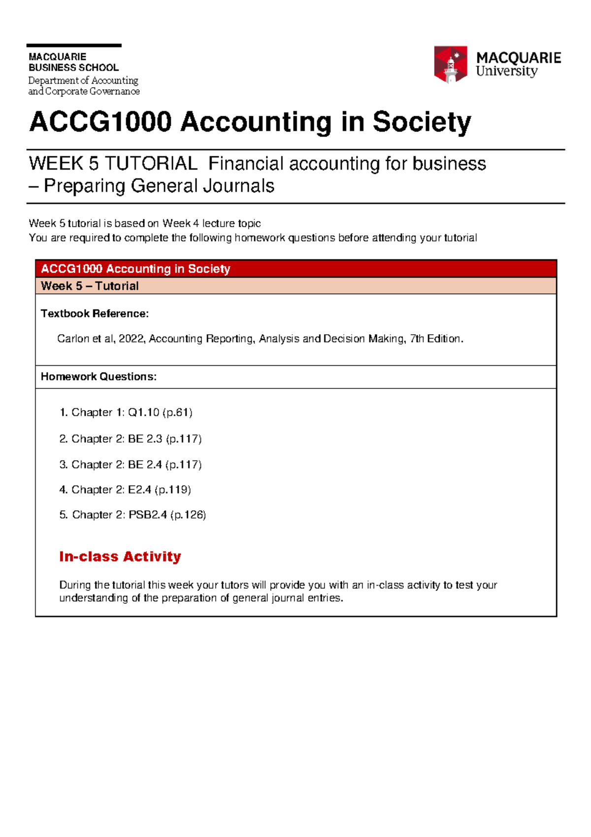 Week 5 tutorial questions for accounting - MACQUARIE BUSINESS SCHOOL ...