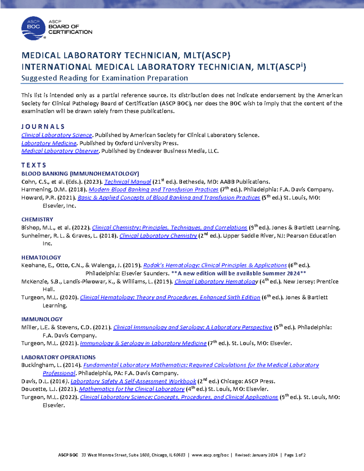 Mlt imlt reading list - Guidelines for MLS subject - ASCP BOC 33 West ...