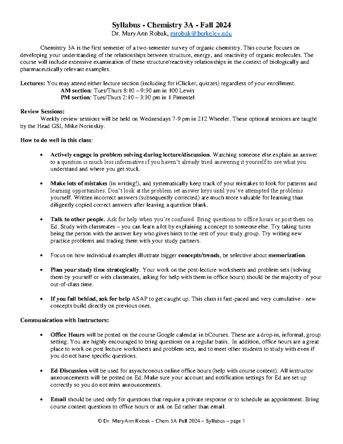 Fa24 3A Syllabus-2 - Course Syllabus - Syllabus - Chemistry 3A - Fall ...