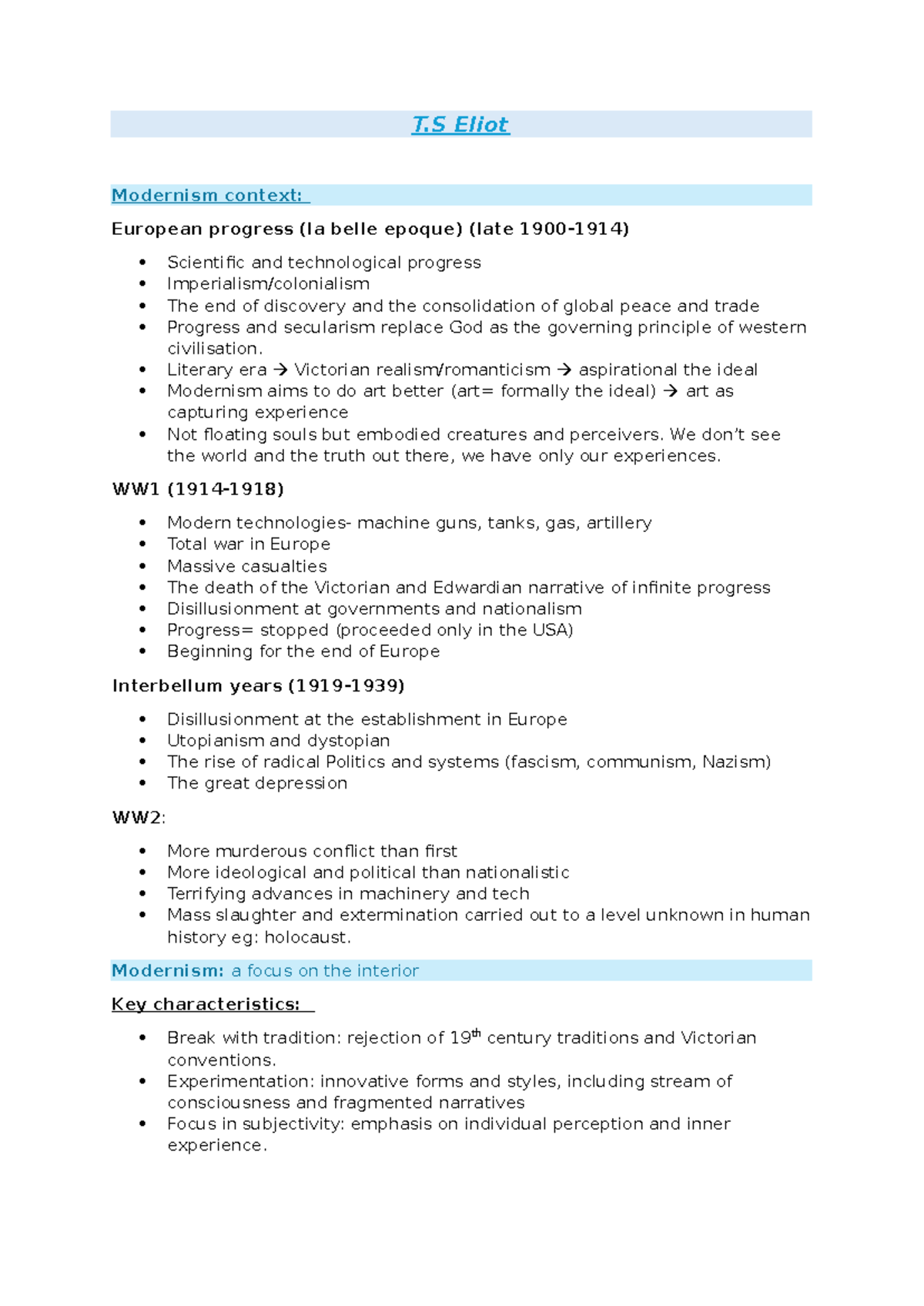 TS eliot tutoring notes - T Eliot Modernism context: European progress ...