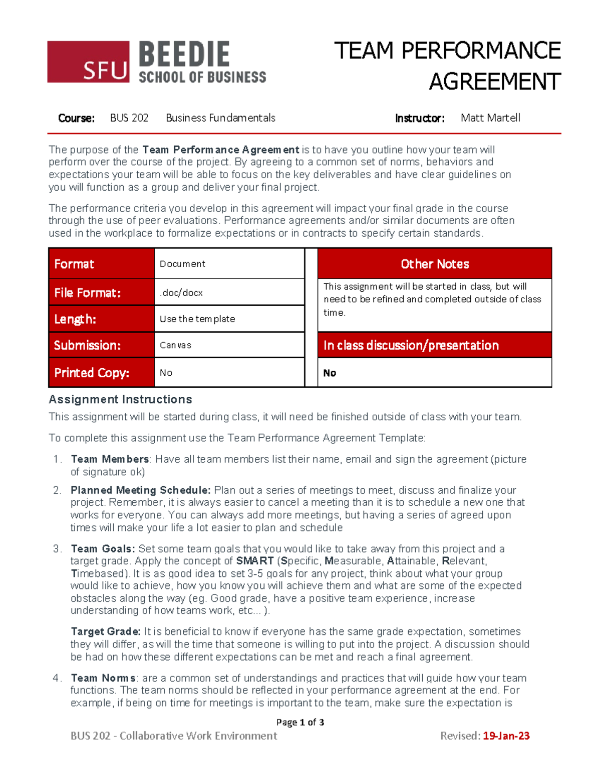 BUS 202 - Team Performance Agreement - Assignment - Page 1 of 3 BUS 202 ...