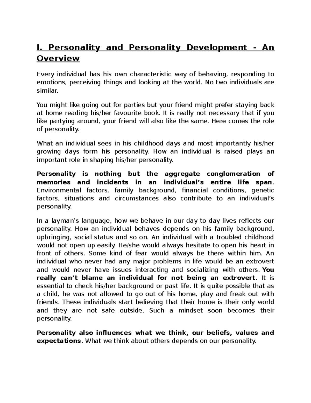 I. Personality and Personality Development - An Overview - I ...