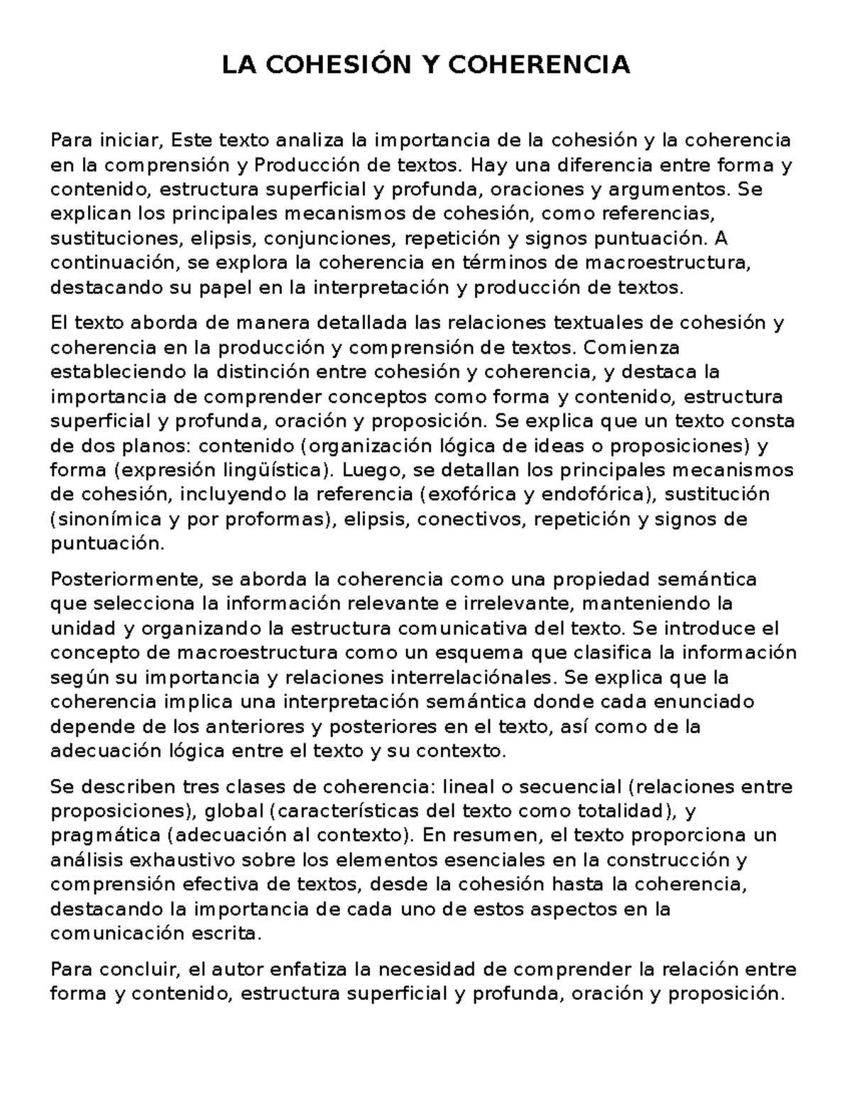 LA Cohesión Y Coherencia - LA COHESIÓN Y COHERENCIA Para iniciar, Este texto analiza la ...