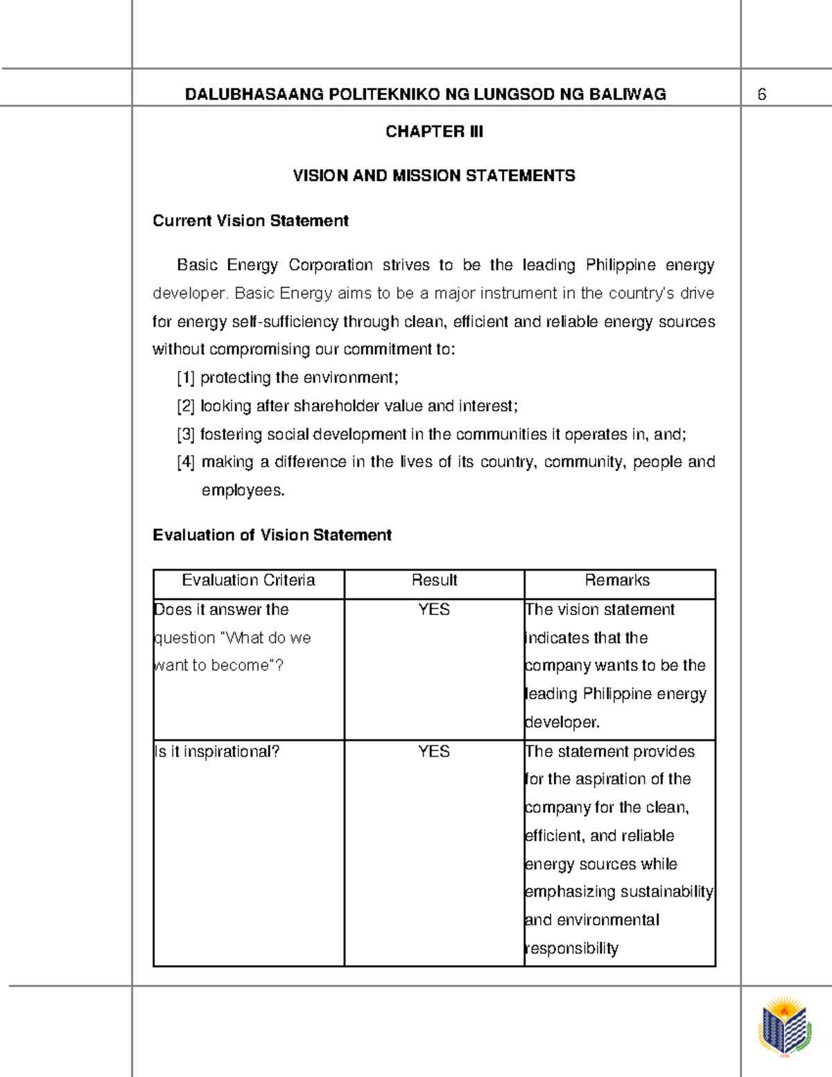 Mission and Vision Analysis - CHAPTER III VISION AND MISSION STATEMENTS ...