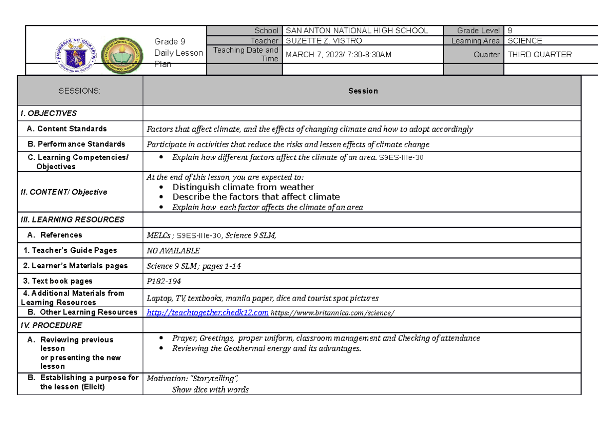 DLP-demo-Q3-science 9 - School SAN ANTON NATIONAL HIGH SCHOOL Grade Level 9 Teacher SUZETTE Z ...