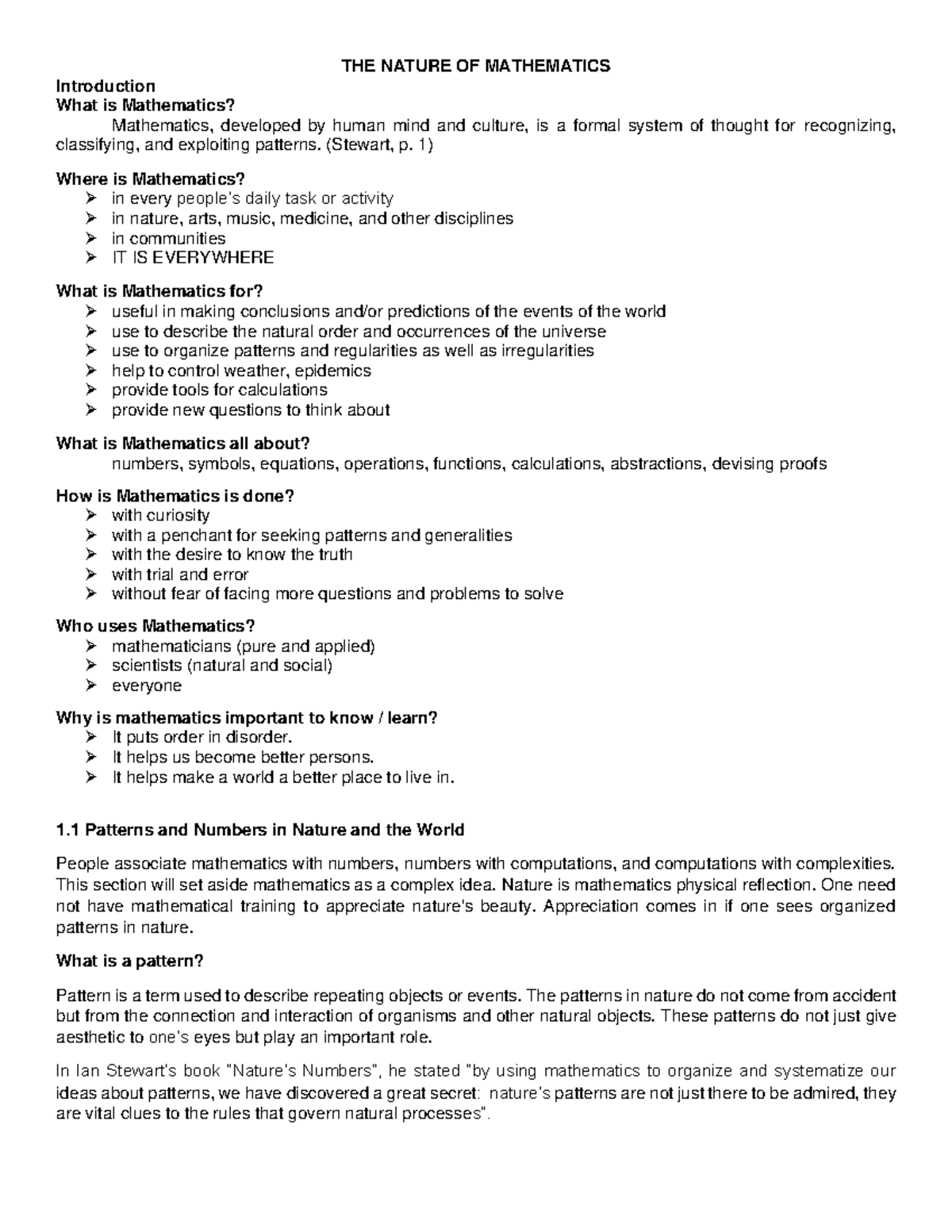 Chapter 1 THE Nature OF Mathematics Handouts - THE NATURE OF ...