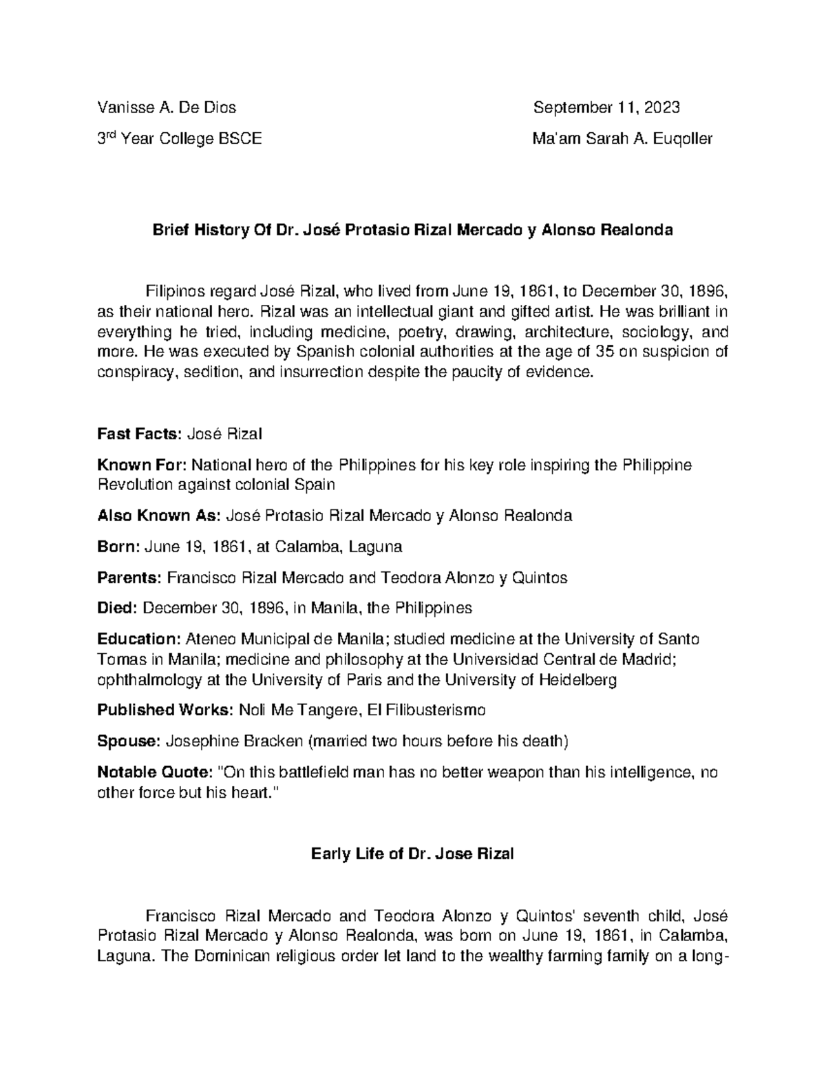 De Dios, Vanisse A. Assignment Rizal - Vanisse A. De Dios September 11 ...