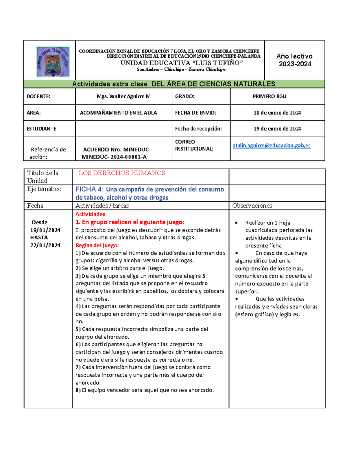 Actividades extra clase teletrabajo 1ERO BGU - Acompañamiento Integral EN EL AULA 19 DE Enero ...