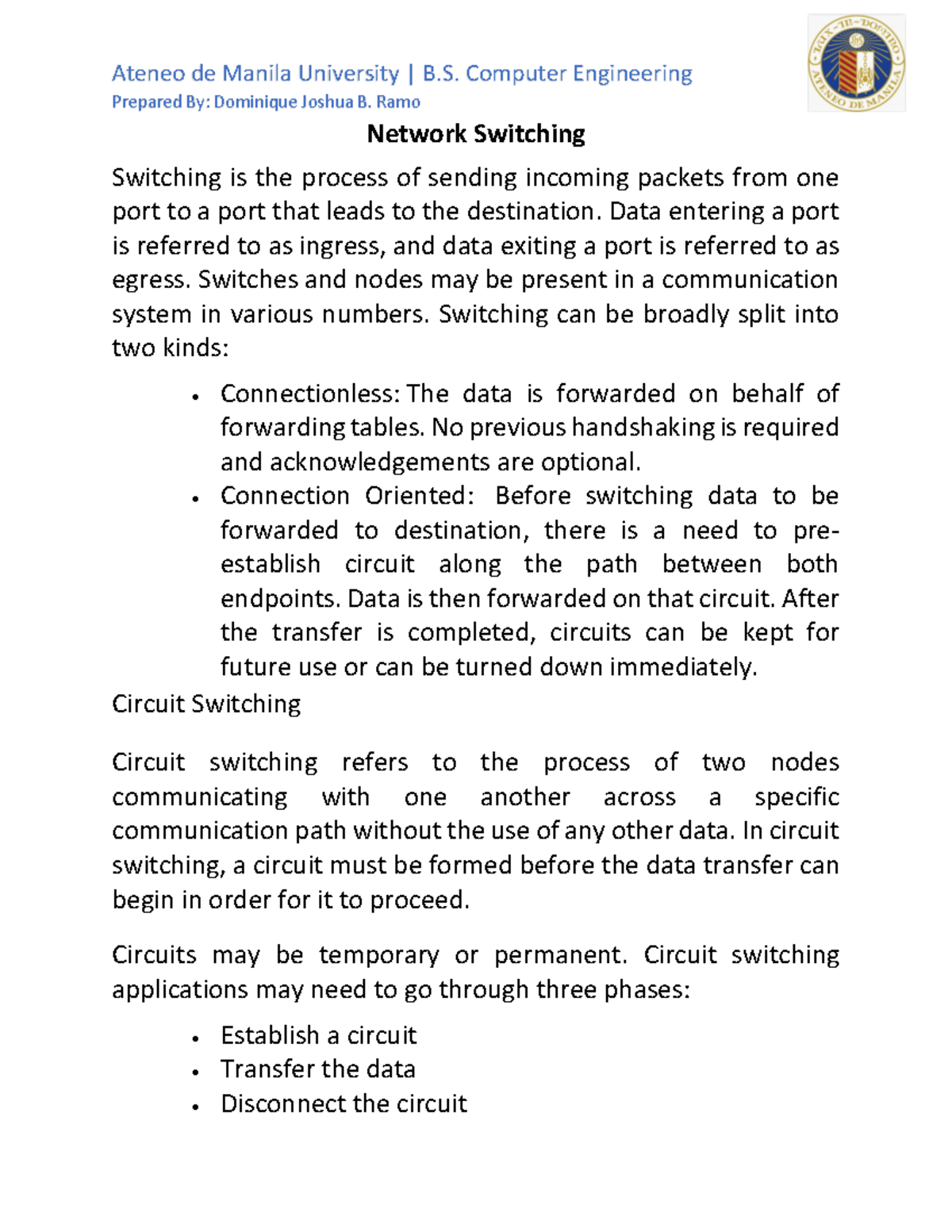 Study Guide - Network Switching - Prepared By: Dominique Joshua B. Ramo ...