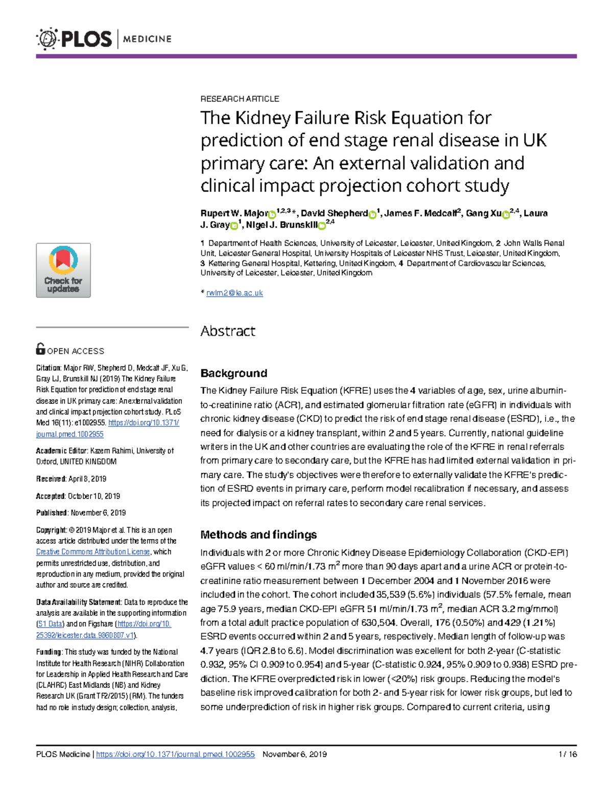 KFRE - ####### RESEARCH ARTICLE The Kidney Failure Risk Equation for ...