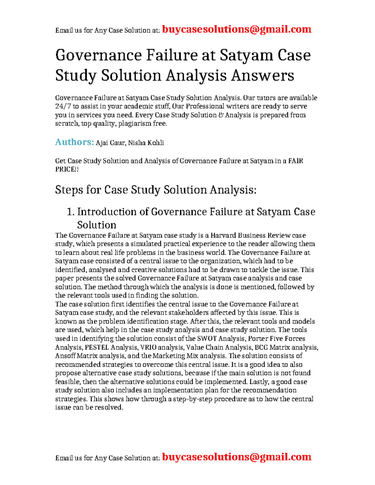 Case Solution Governance Failure at Satyam - Governance Failure at ...