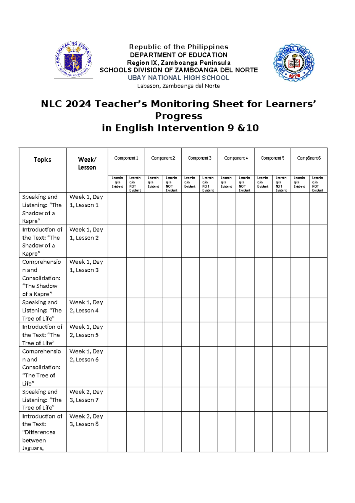NLC Teachers Monitoring Sheet for Learners Progress - Republic of the ...