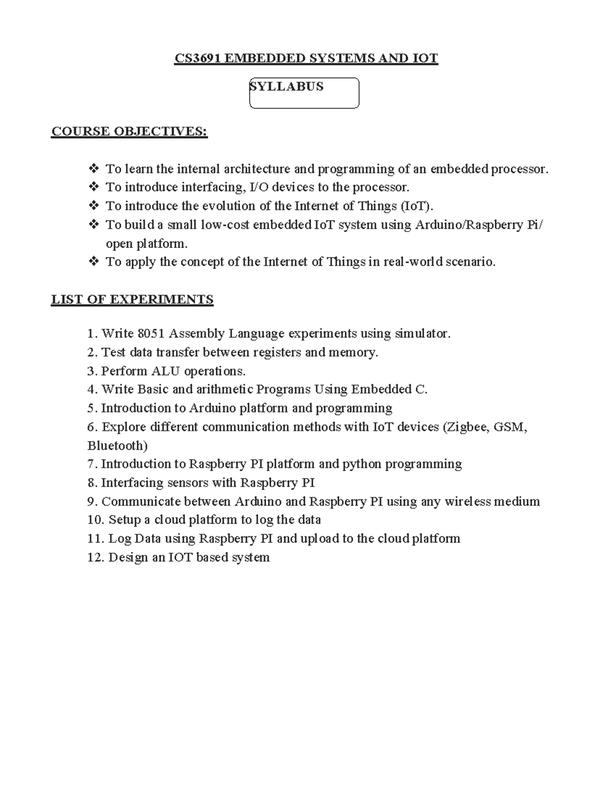 Embedded lab manual - SYLLABUS COURSE OBJECTIVES: To learn the internal ... Embedded lab manual - SYLLABUS COURSE OBJECTIVES: To learn the internal ...