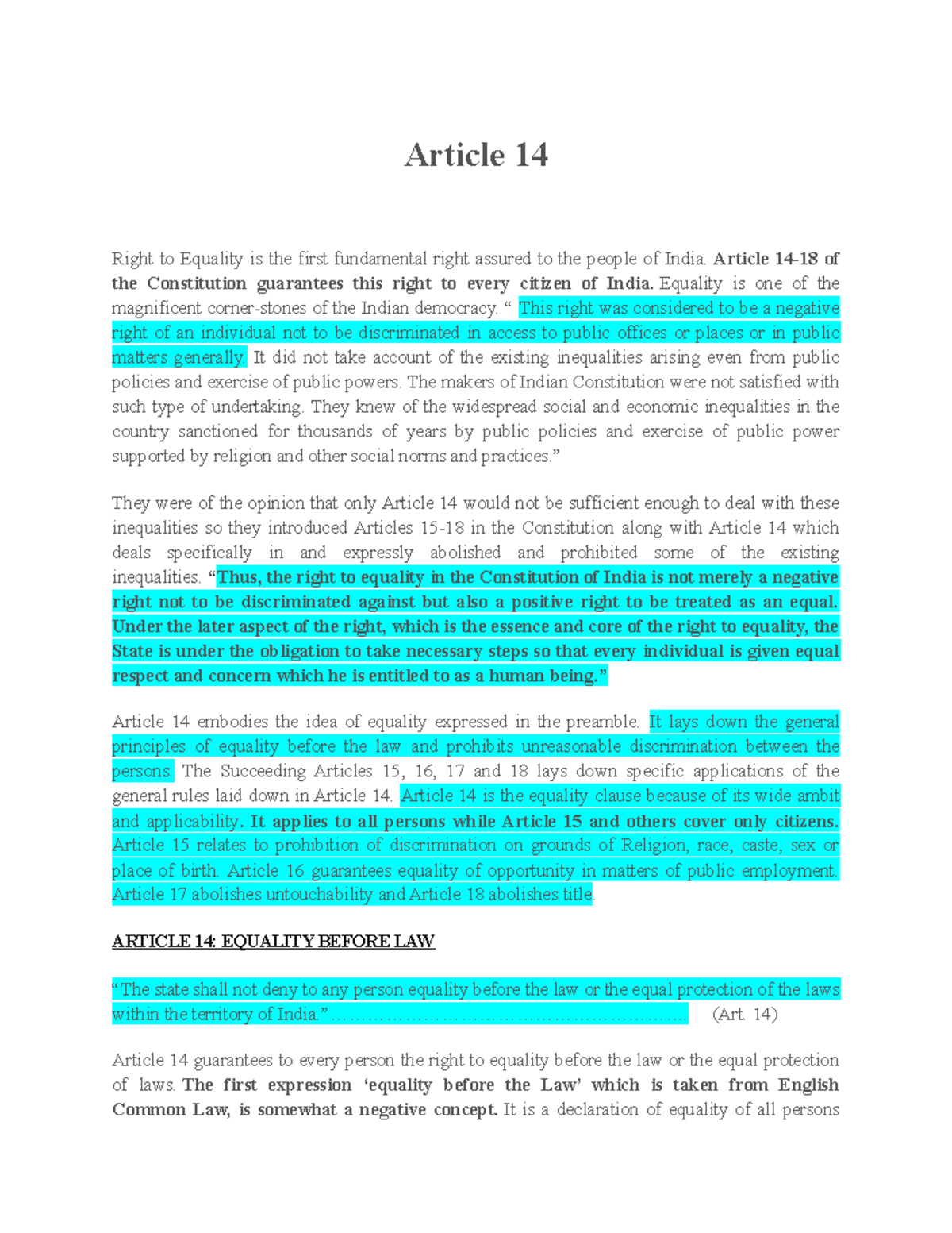 Art 14 Students Notes - CONSTI - Article 14 Right to Equality is the ...