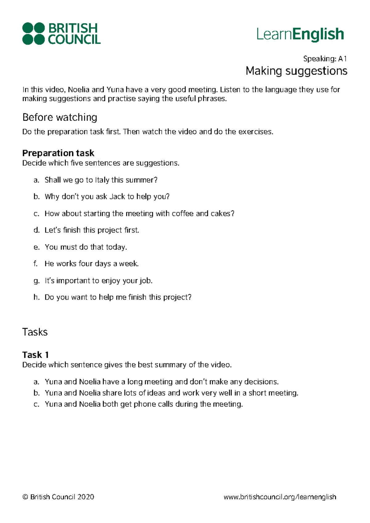 Learn English Speaking A1 Making suggestions - Speaking: A Making ...