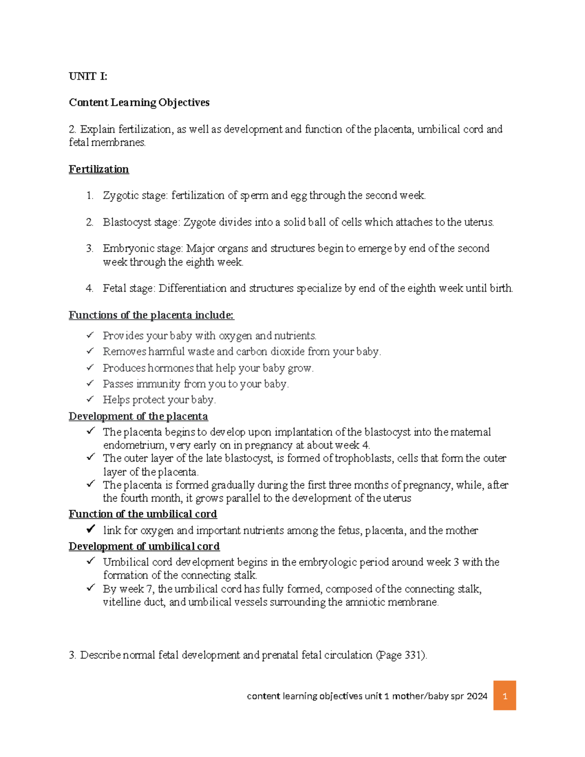 Content Learning Objectives UNIT 1 Mother BABY SPR 2024 - UNIT I ...