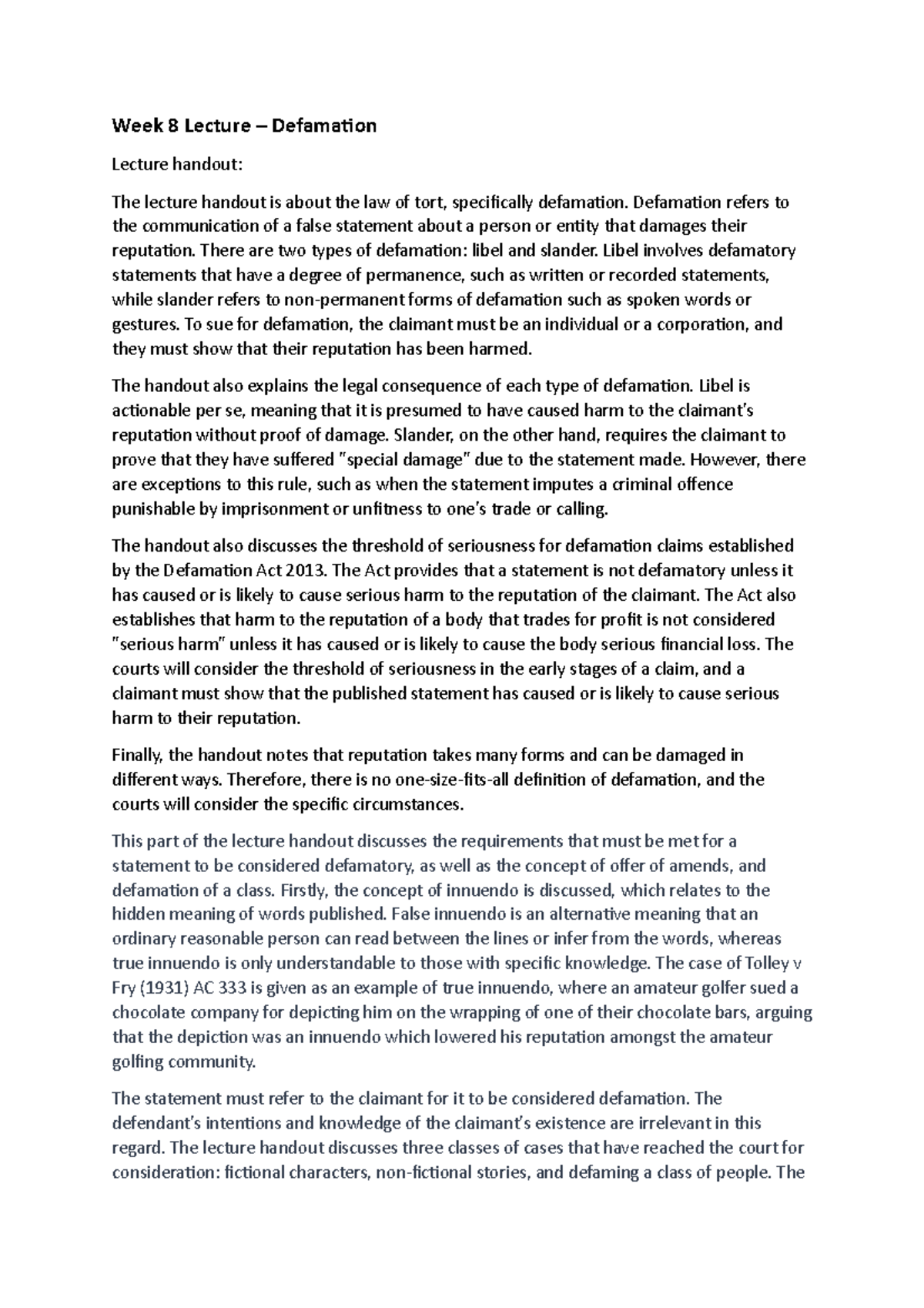 Week 8 Lecture - Defamation - Week 8 Lecture – Defamation Lecture handout: The lecture handout ...