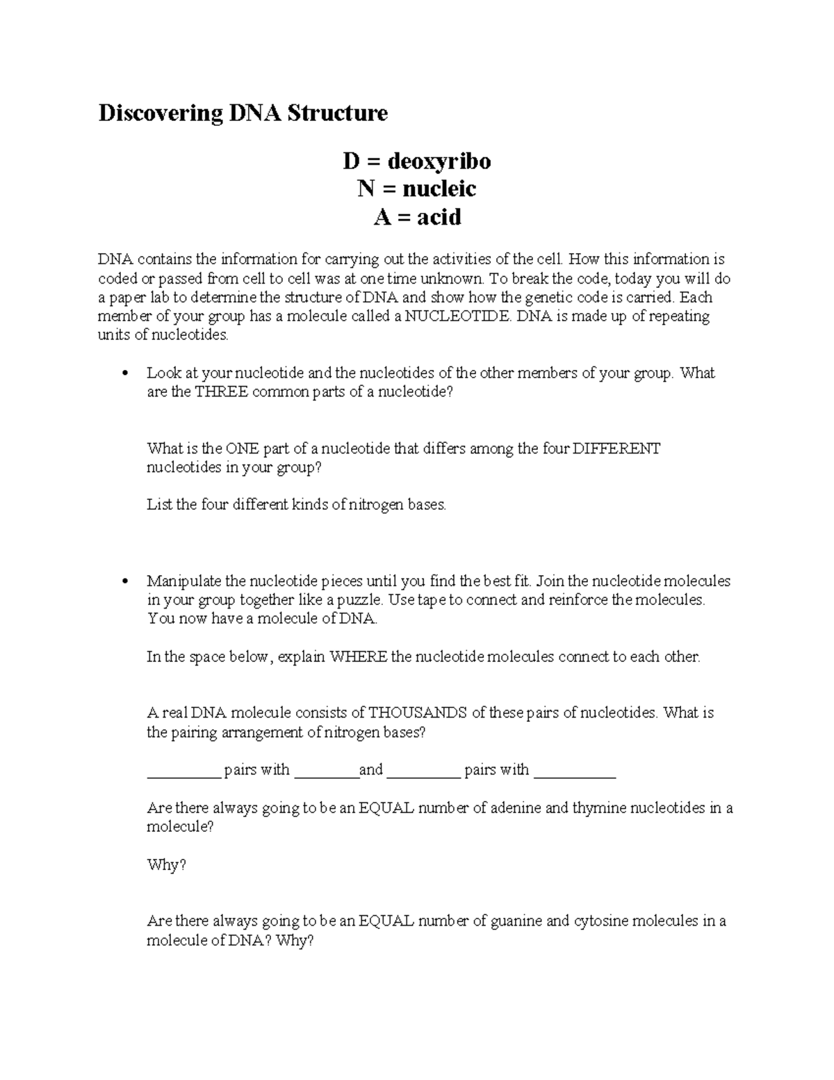Discovering DNA Structure-student.make nucleotide - Discovering DNA ...