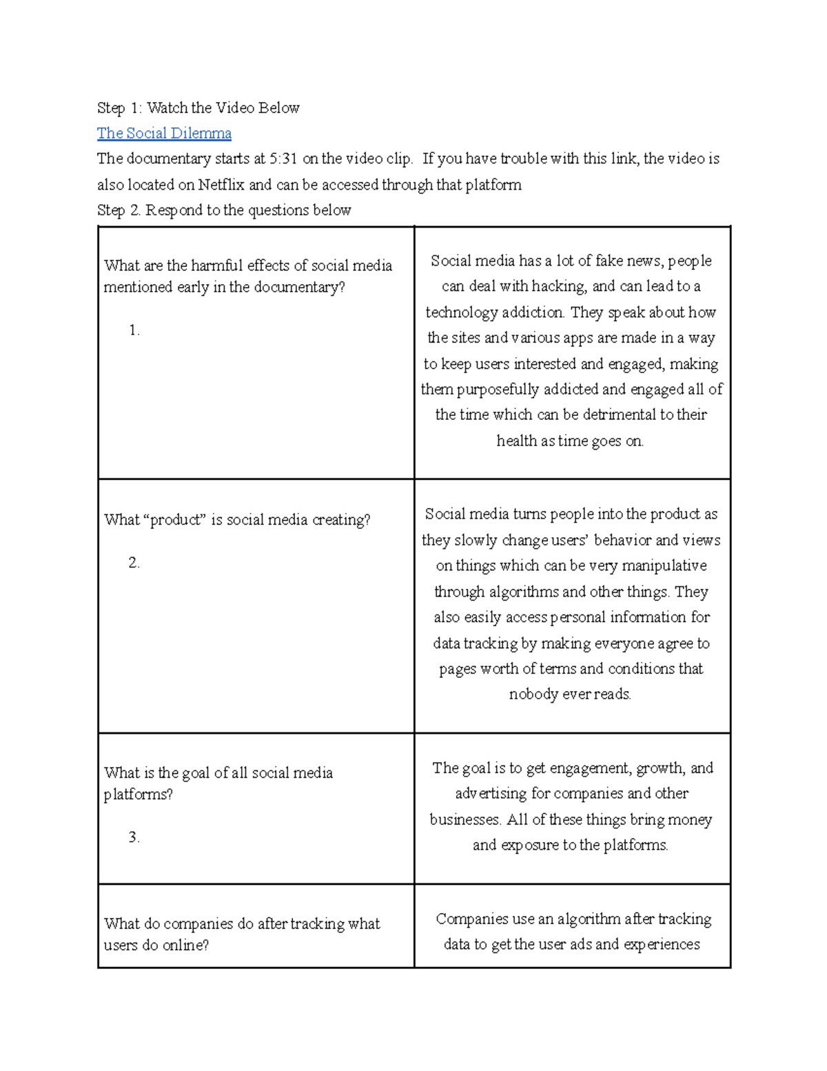 Social Dilemma AVID - answer - Step 1: Watch the Video Below The Social ...