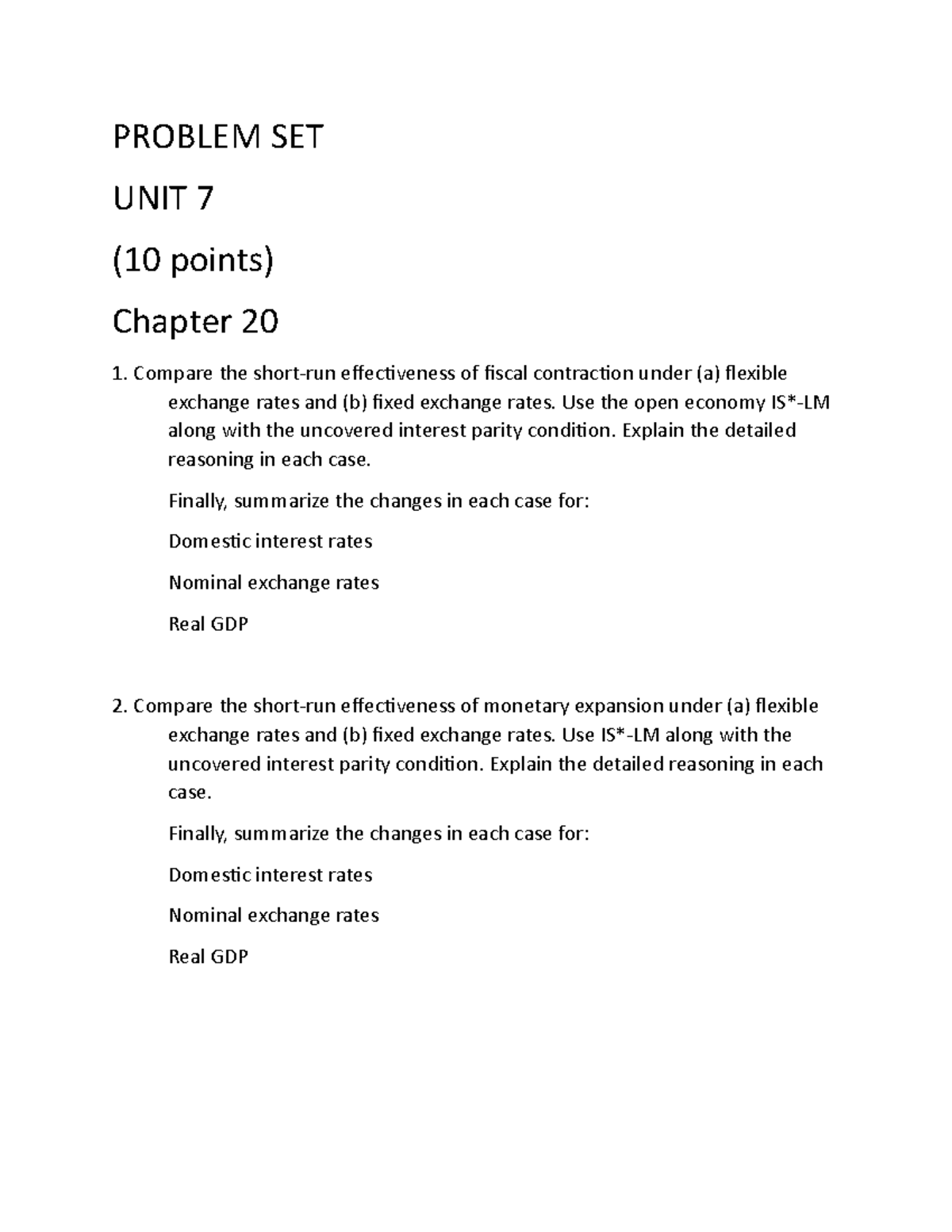 601 UNIT 7 Problem Set - PROBLEM SET UNIT 7 (10 points) Chapter 20 ...
