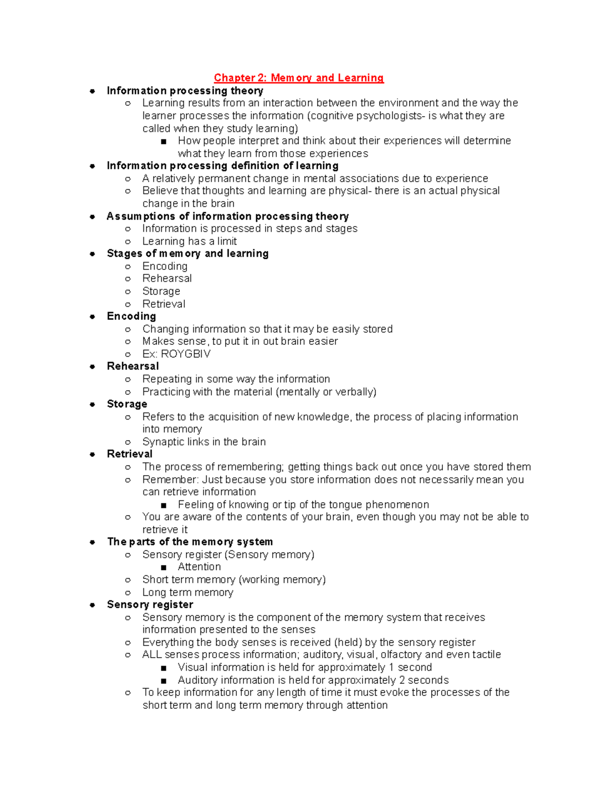 PSY 320 Chapter 2 Memory and Learning - Chapter 2: Memory and Learning ...