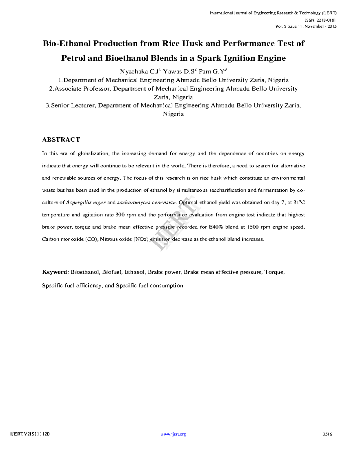 Bio-Ethanol Production from Rice Husk and Performance Test of Petrol ...