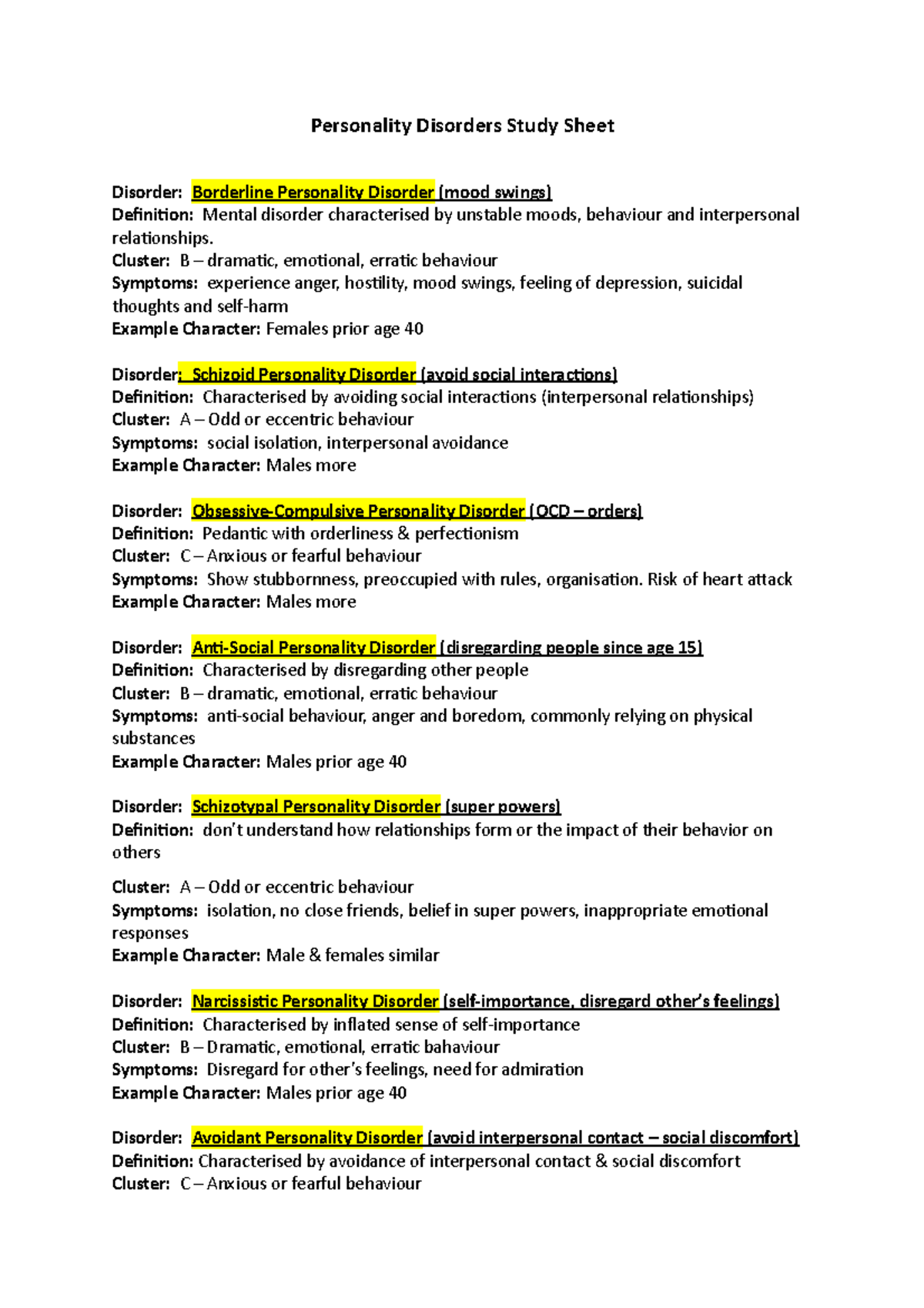 Personality Disorders Worksheet - Personality Disorders Study Sheet ...