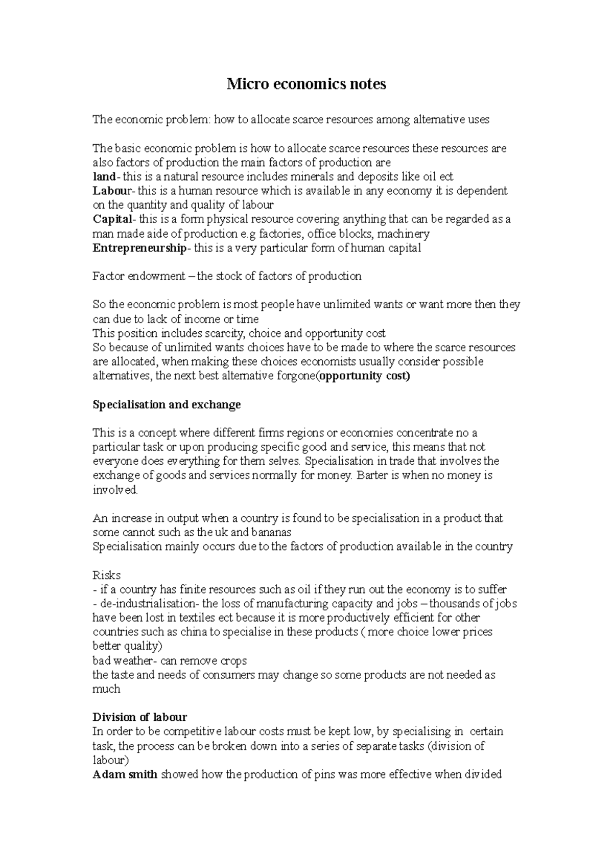 Micro economics notes - Specialisation in trade that involves the ...