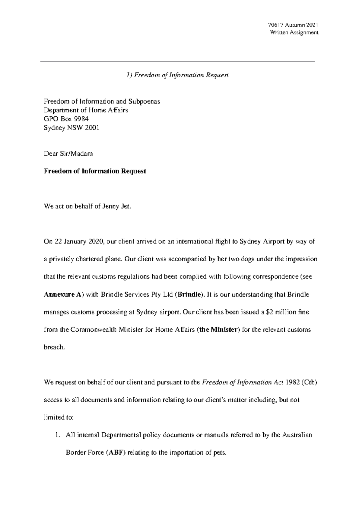 Freedom of Information Assignment - 1) Freedom of Information Request ...