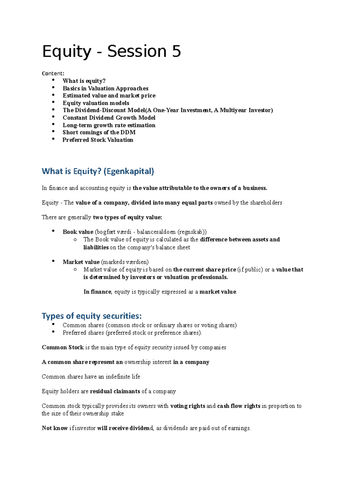 Session 5 - Equity - Equity - Session 5 Content: What is equity? Basics ...