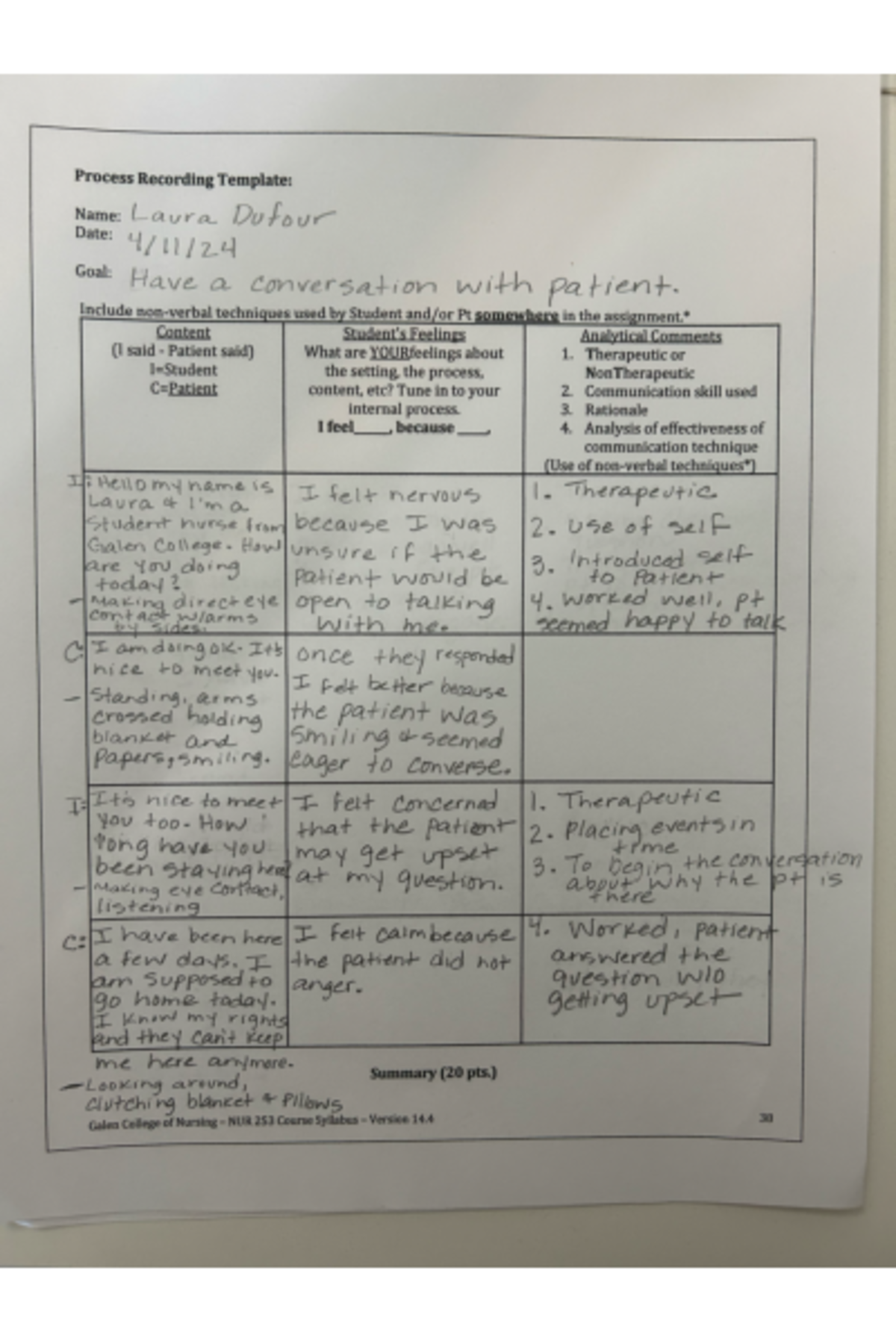 Process recording - NUR 253 - Studocu